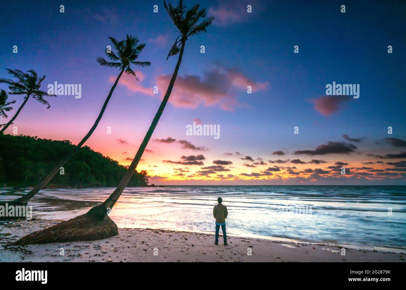 Dawn on a deserted beach with beautiful leaning coconut trees facing ...