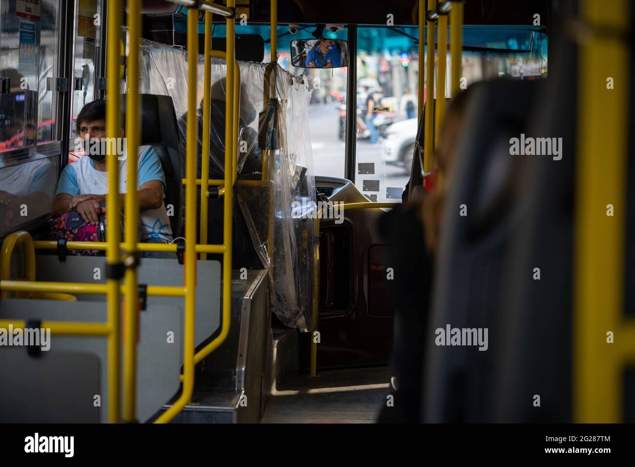 BUENOS AIRES, ARGENTINA - Mar 28, 2021: passengers sitting inside a ...
