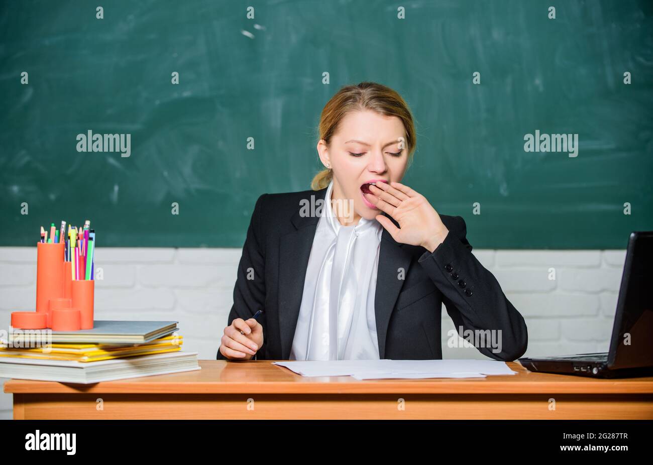 tired business woman use laptop and documents. paper work. office life ...