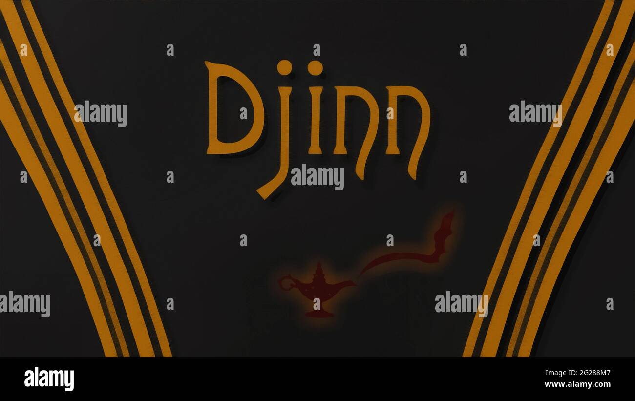 Djinn text on dark background. Smoke comes from the oil lamp. Artistic ...