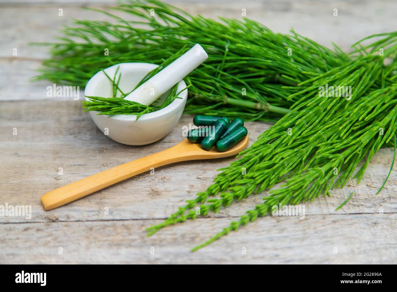 Horsetail pills homeopathy on a wooden spoon. Selective focus. Nature ...