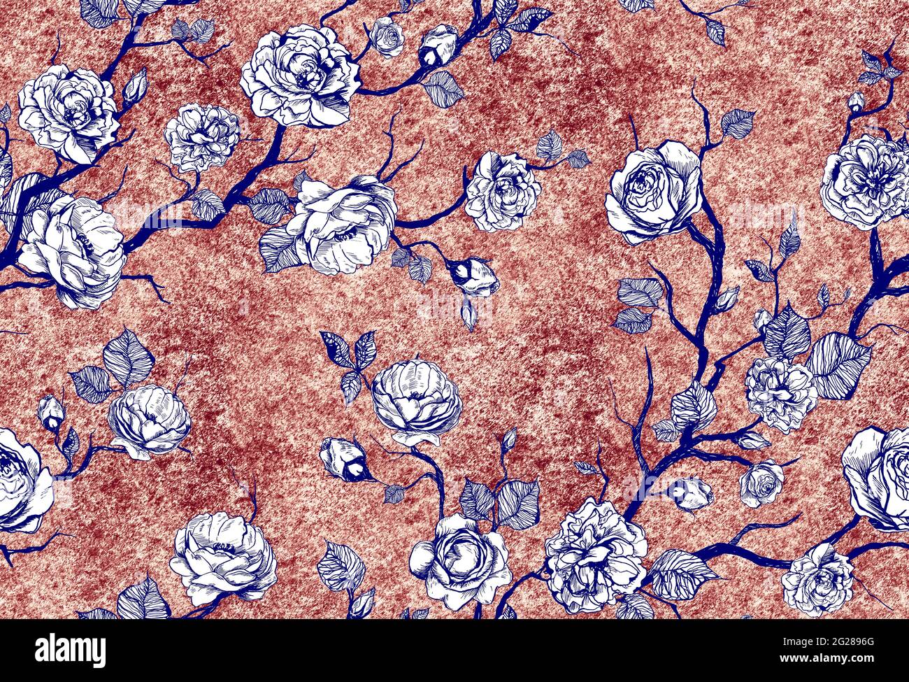 Hand drawn graphic floral pattern with blue roses and leaf on rust ...