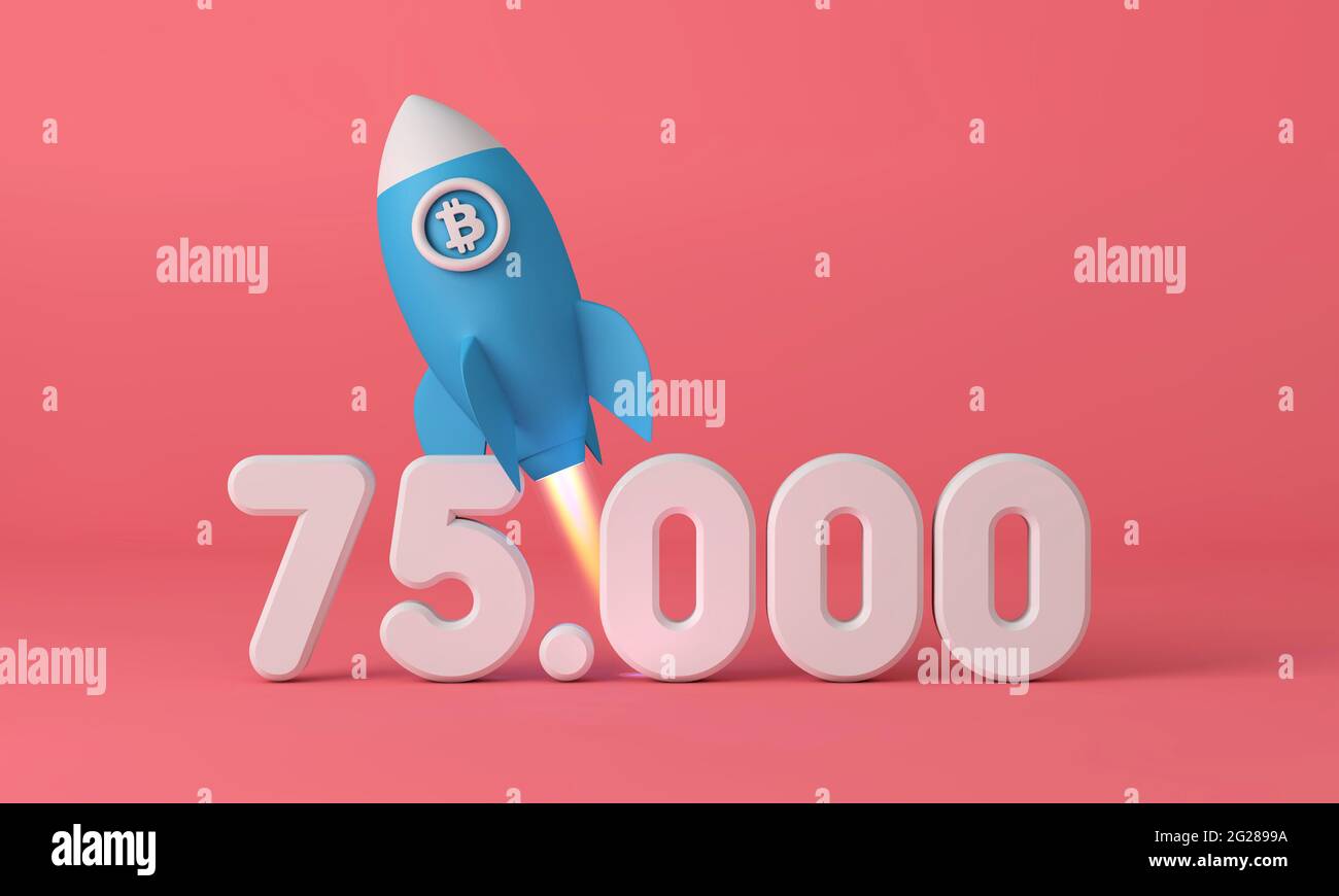 Bitcoin cryptocurrency rocket taking off to 75,000 price point. 3D ...