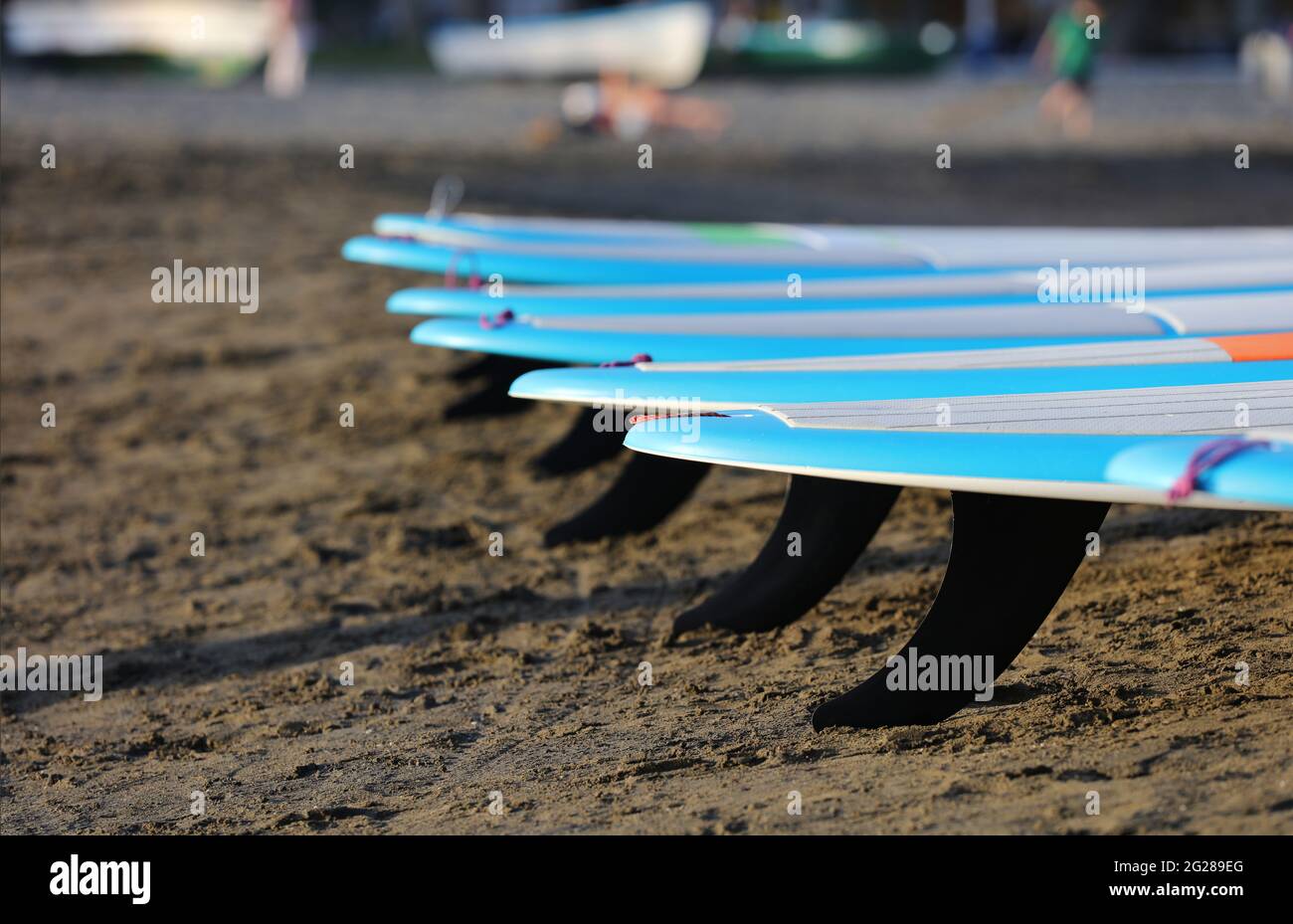 paddle boards, on the beach on the sand, at sunset Stock Photo - Alamy