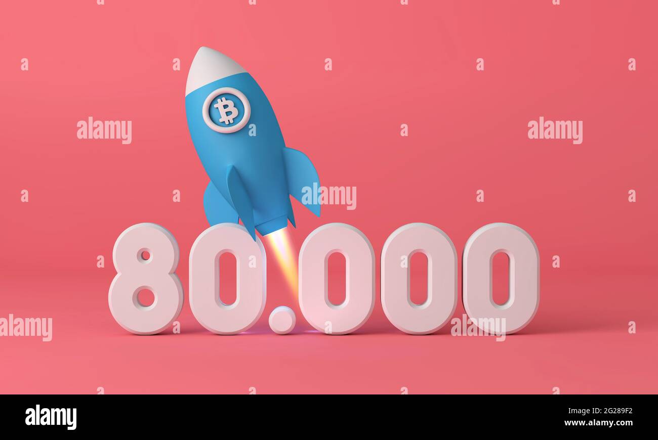 Bitcoin cryptocurrency rocket taking off to 80,000 price point. 3D ...