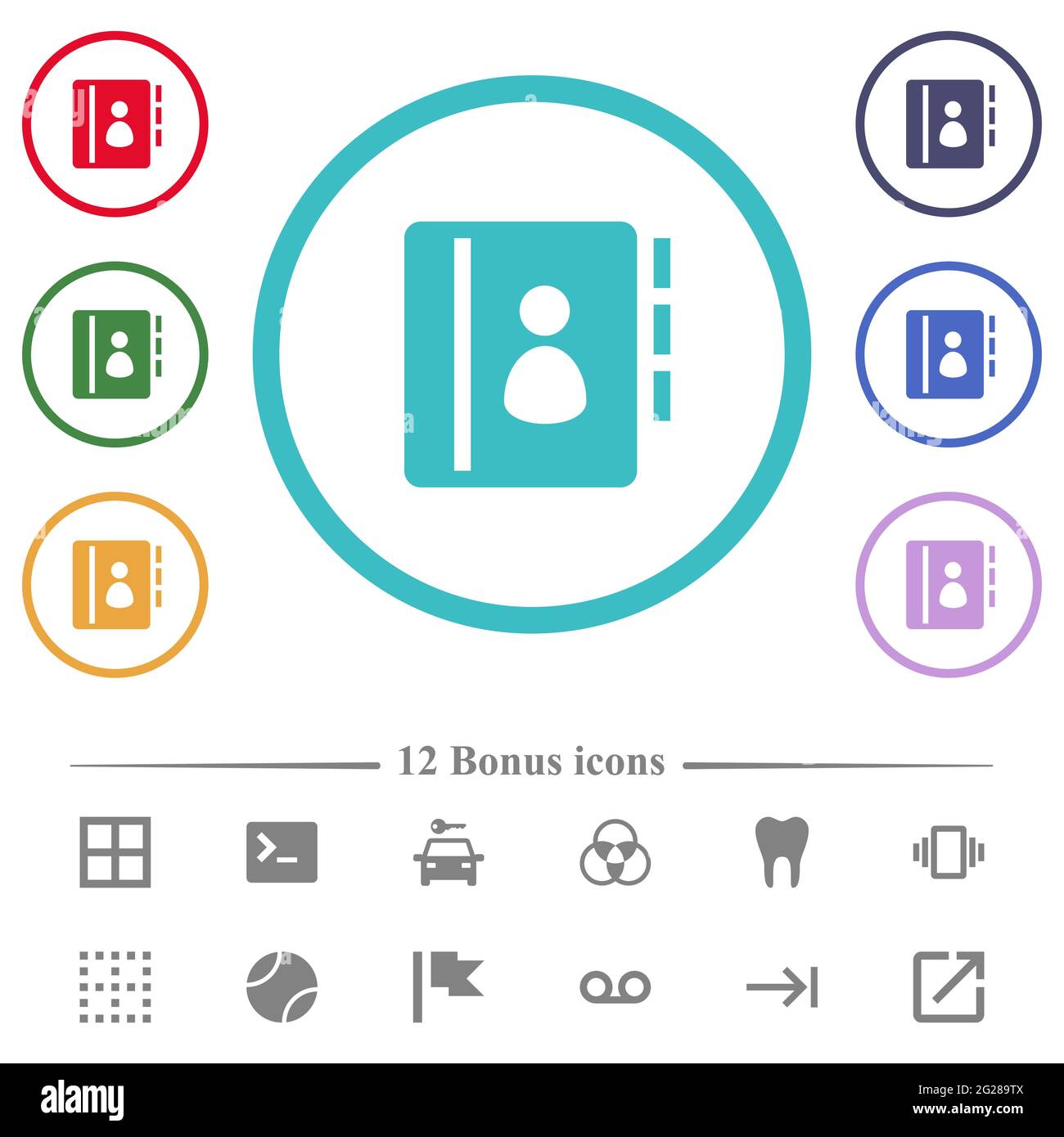 Contacts flat color icons in circle shape outlines. 12 bonus icons ...