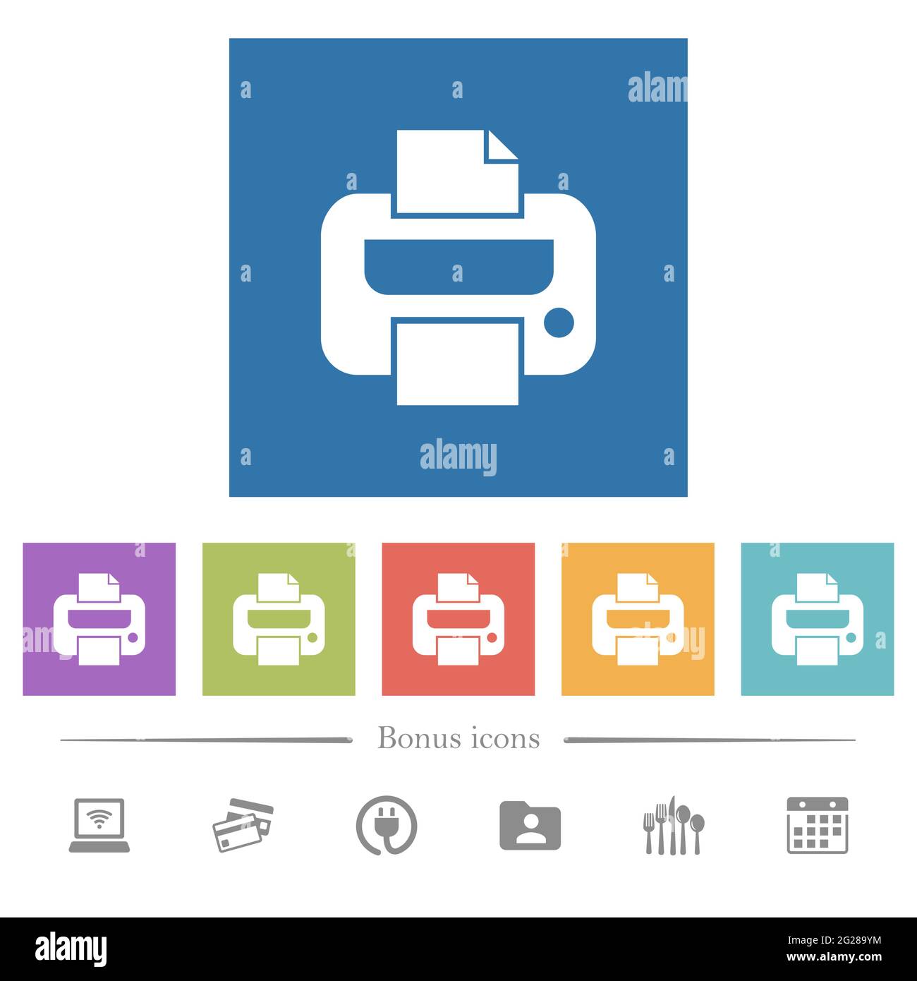 Printer flat white icons in square backgrounds. 6 bonus icons included ...