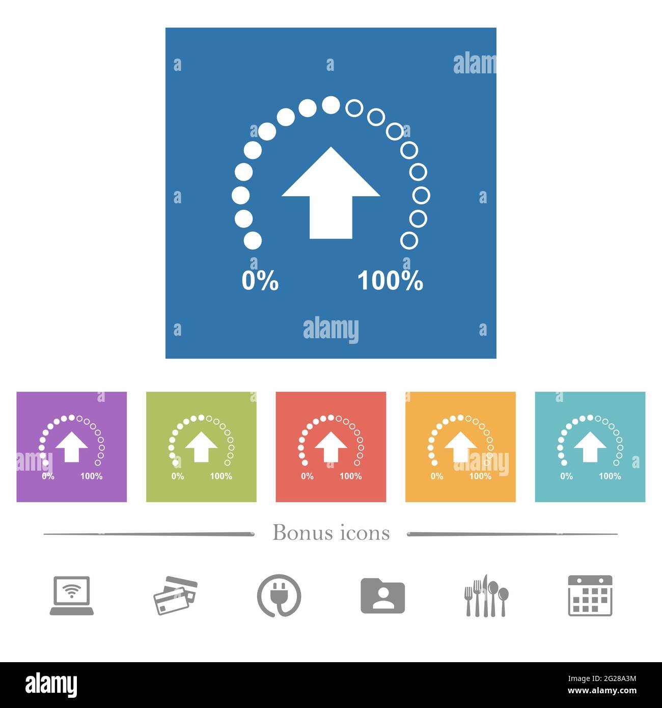 Upload in progress flat white icons in square backgrounds. 6 bonus ...