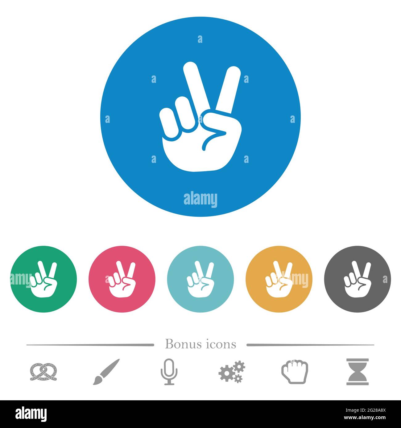 Victory sign hand gesture flat white icons on round color backgrounds ...