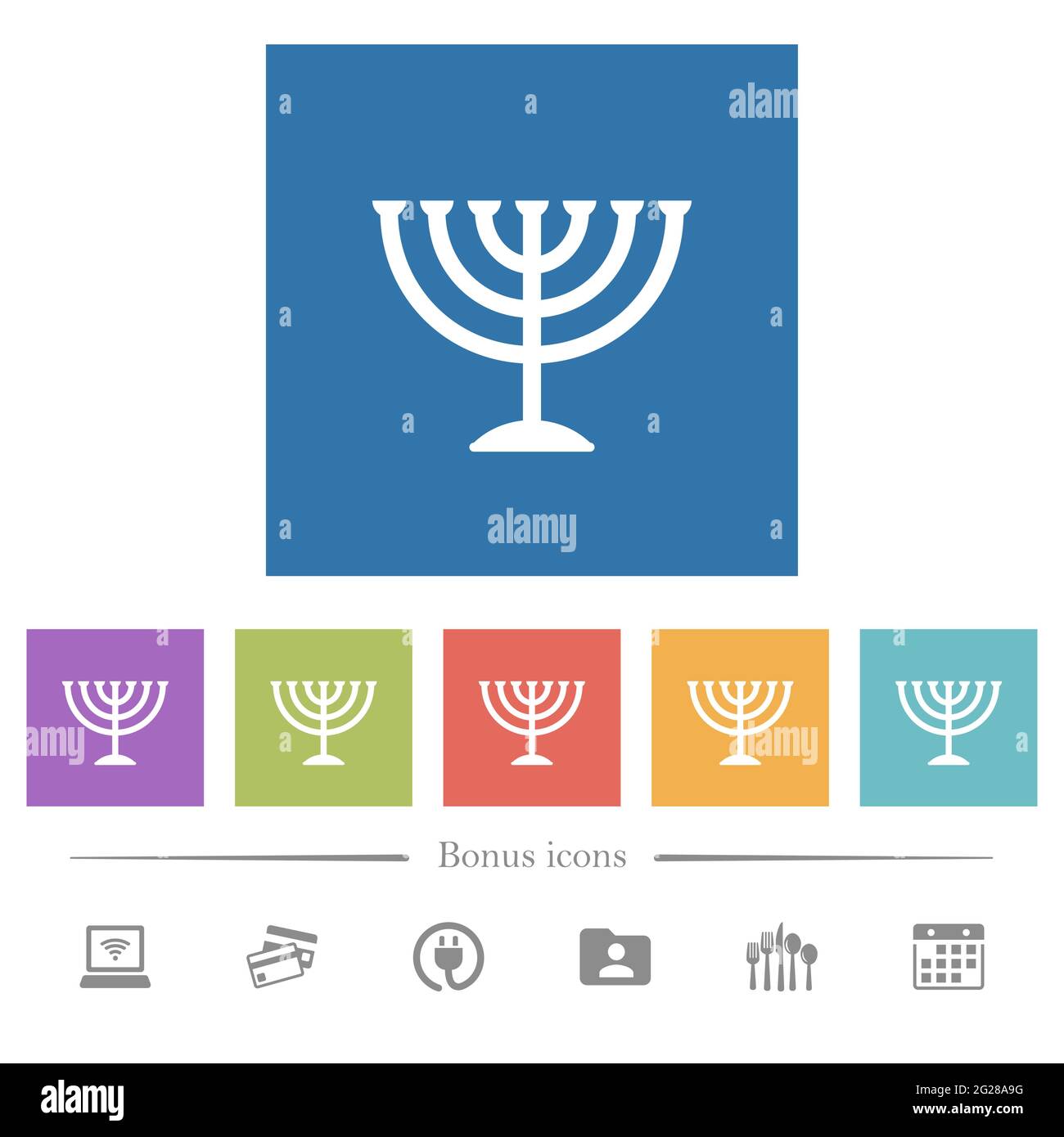Menorah flat white icons in square backgrounds. 6 bonus icons included ...
