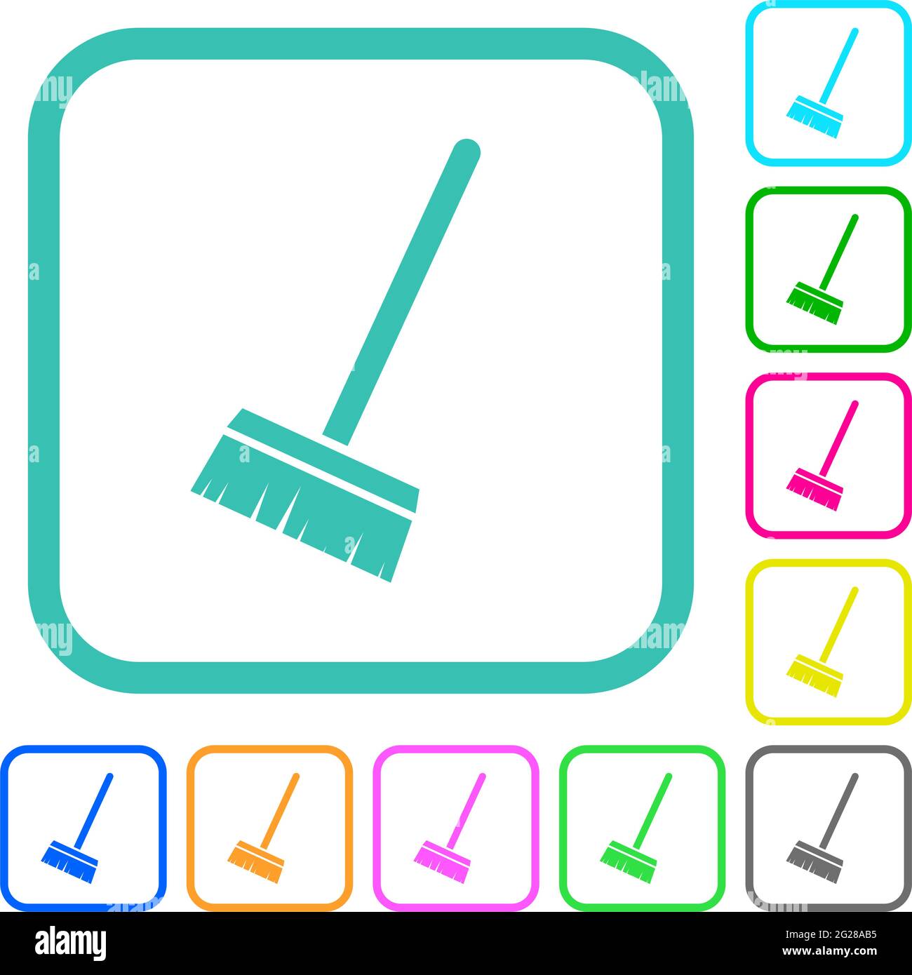 Household broom vivid colored flat icons in curved borders on white ...