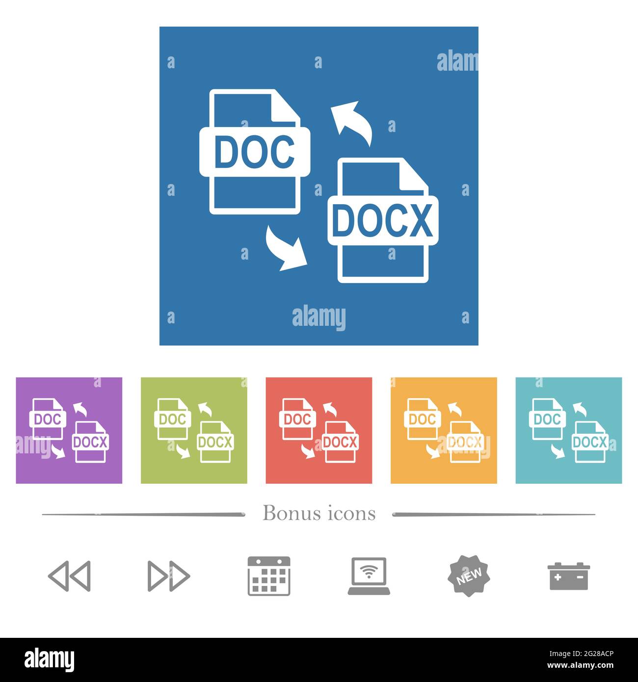 DOC DOCX file conversion flat white icons in square backgrounds. 6 ...