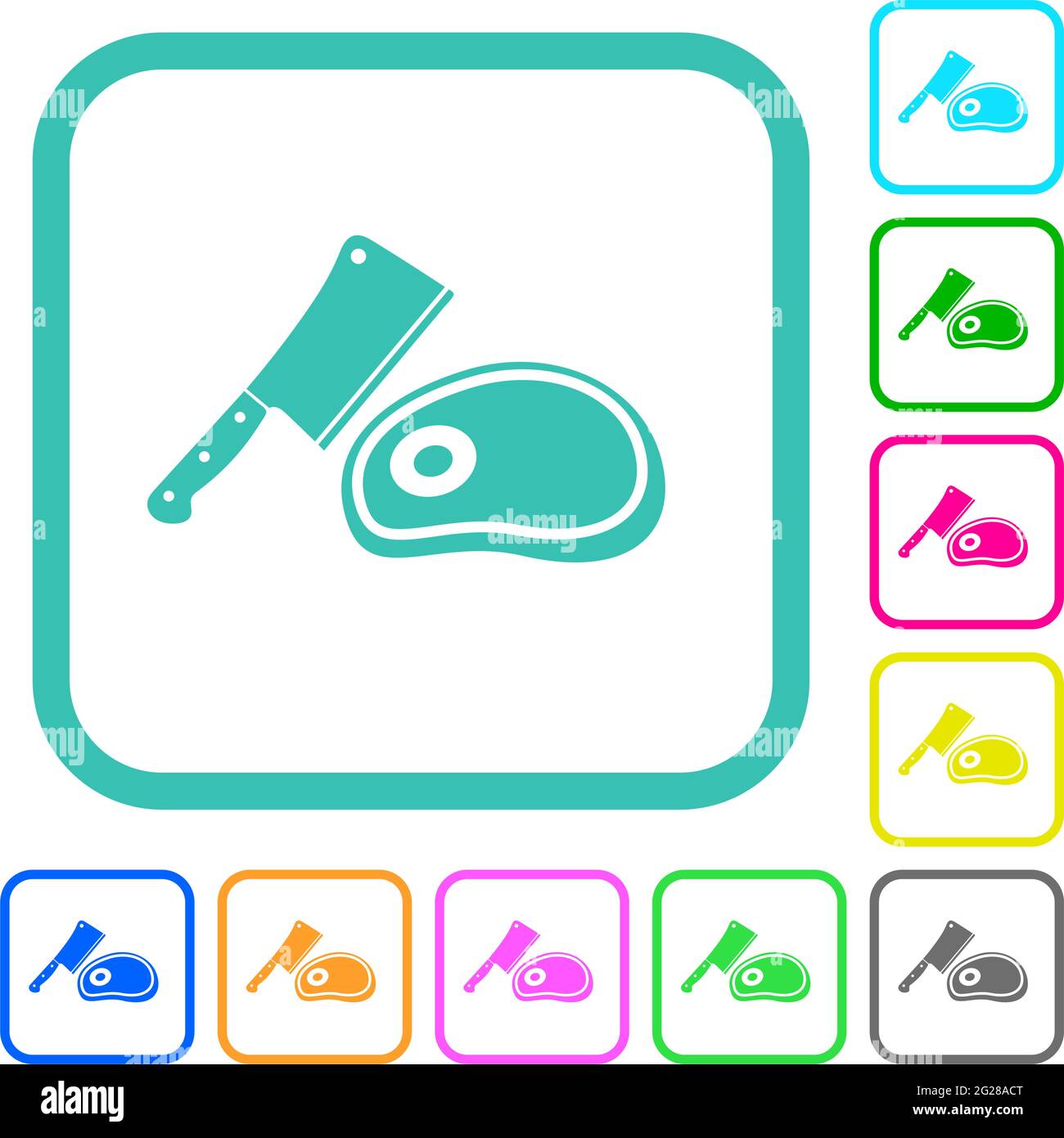 Meat cleaver knife and steak vivid colored flat icons in curved borders ...