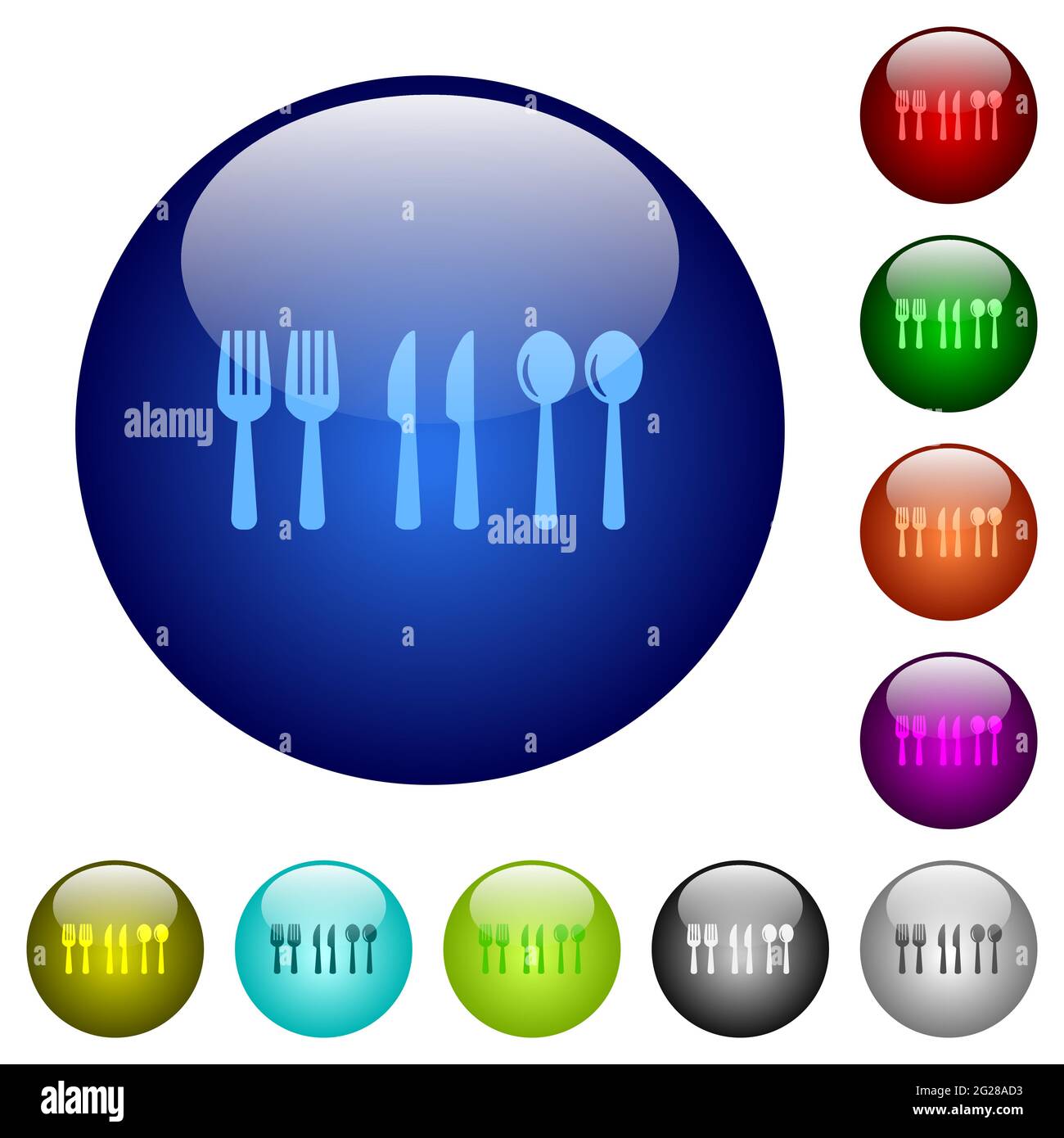 Flatware icons on round glass buttons in multiple colors. Arranged ...