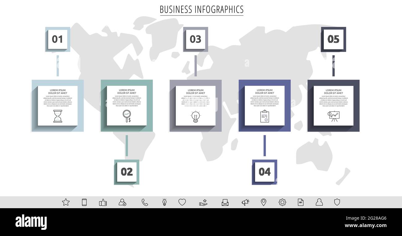 Minimal infographics with five square elements or rectangular frames ...