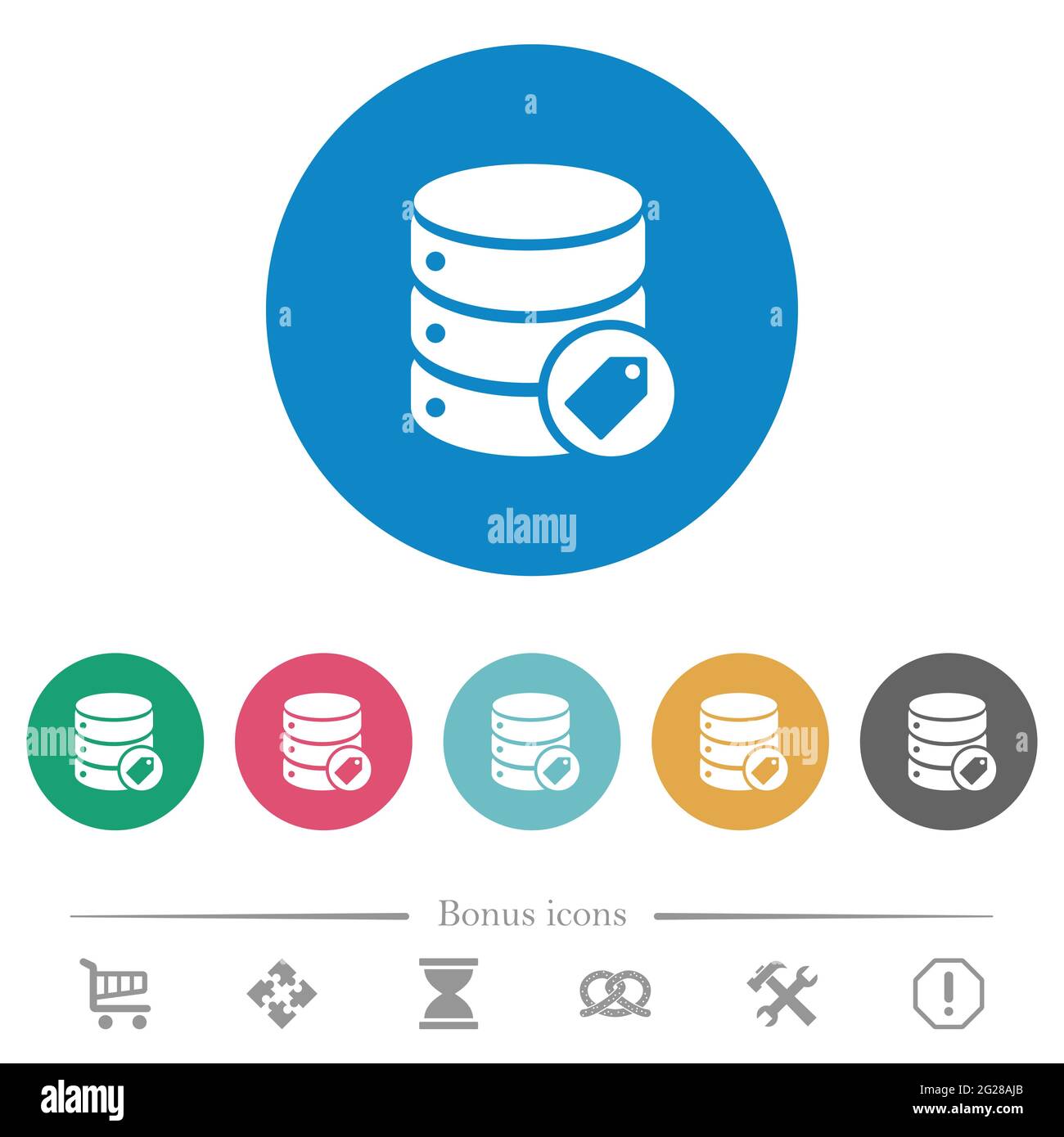 Database tag flat white icons on round color backgrounds. 6 bonus icons included Stock Vector ...