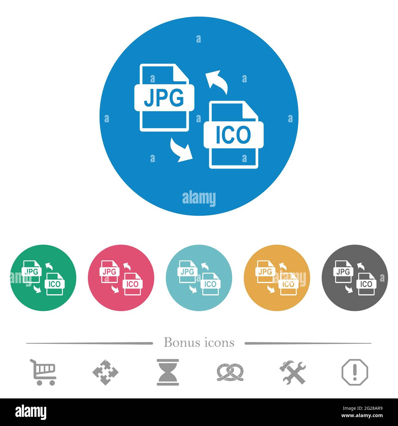 JPG ICO file conversion flat white icons on round color backgrounds. 6 ...