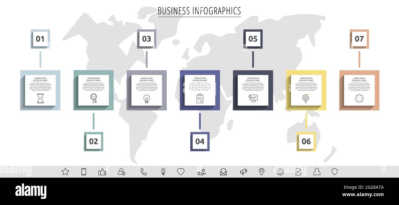 Minimal infographics with seven square elements or rectangular frames ...