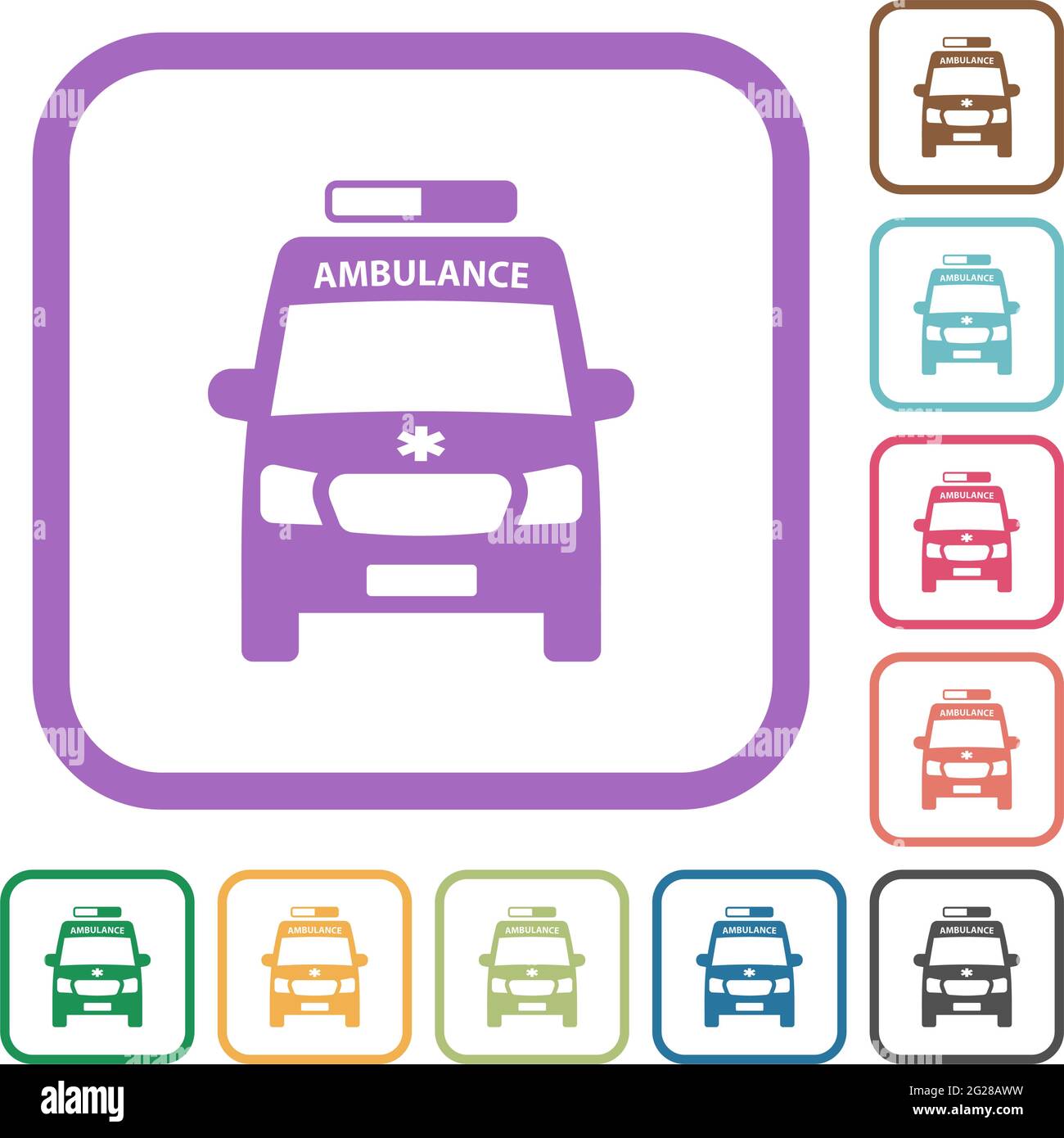 Ambulance car front view simple icons in color rounded square frames on ...