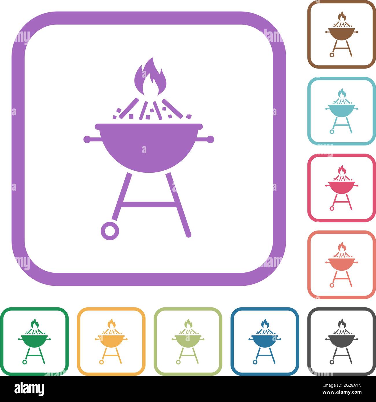 Burning barbecue grill simple icons in color rounded square frames on ...