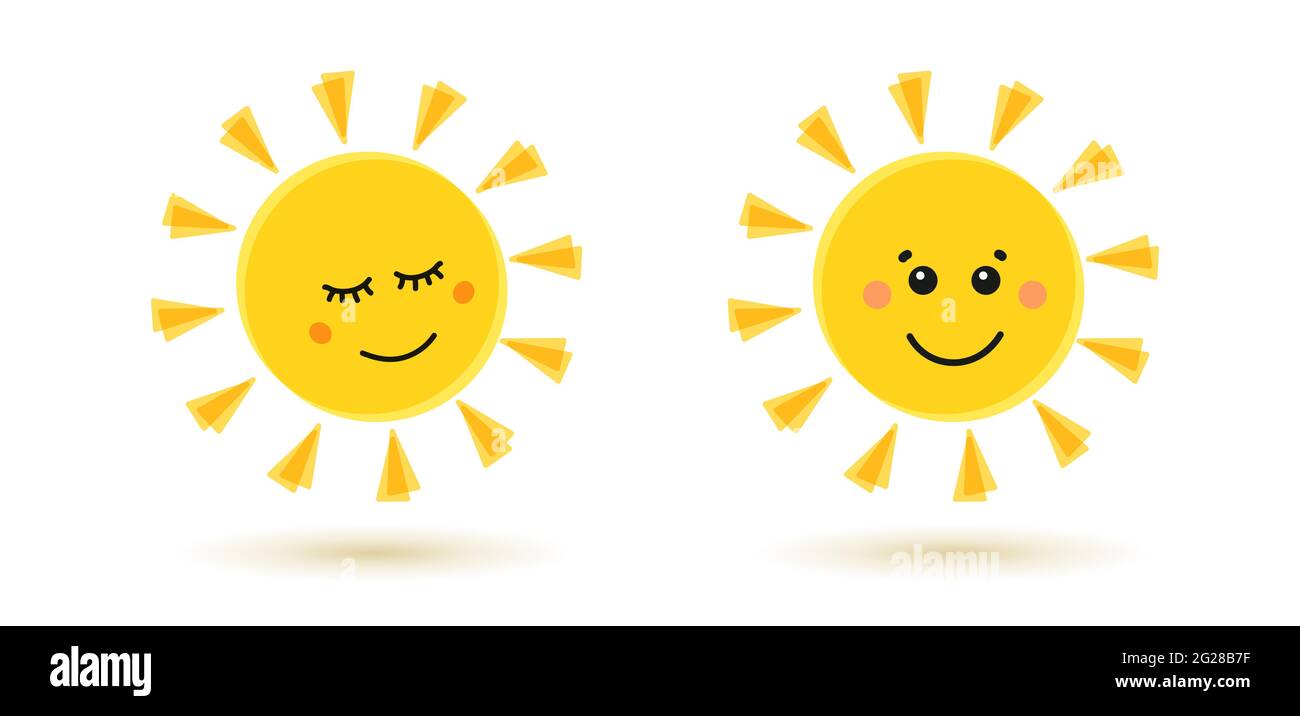 Cheerful sun with open and closed eyes. Sleeps and wakes up. Vector ...