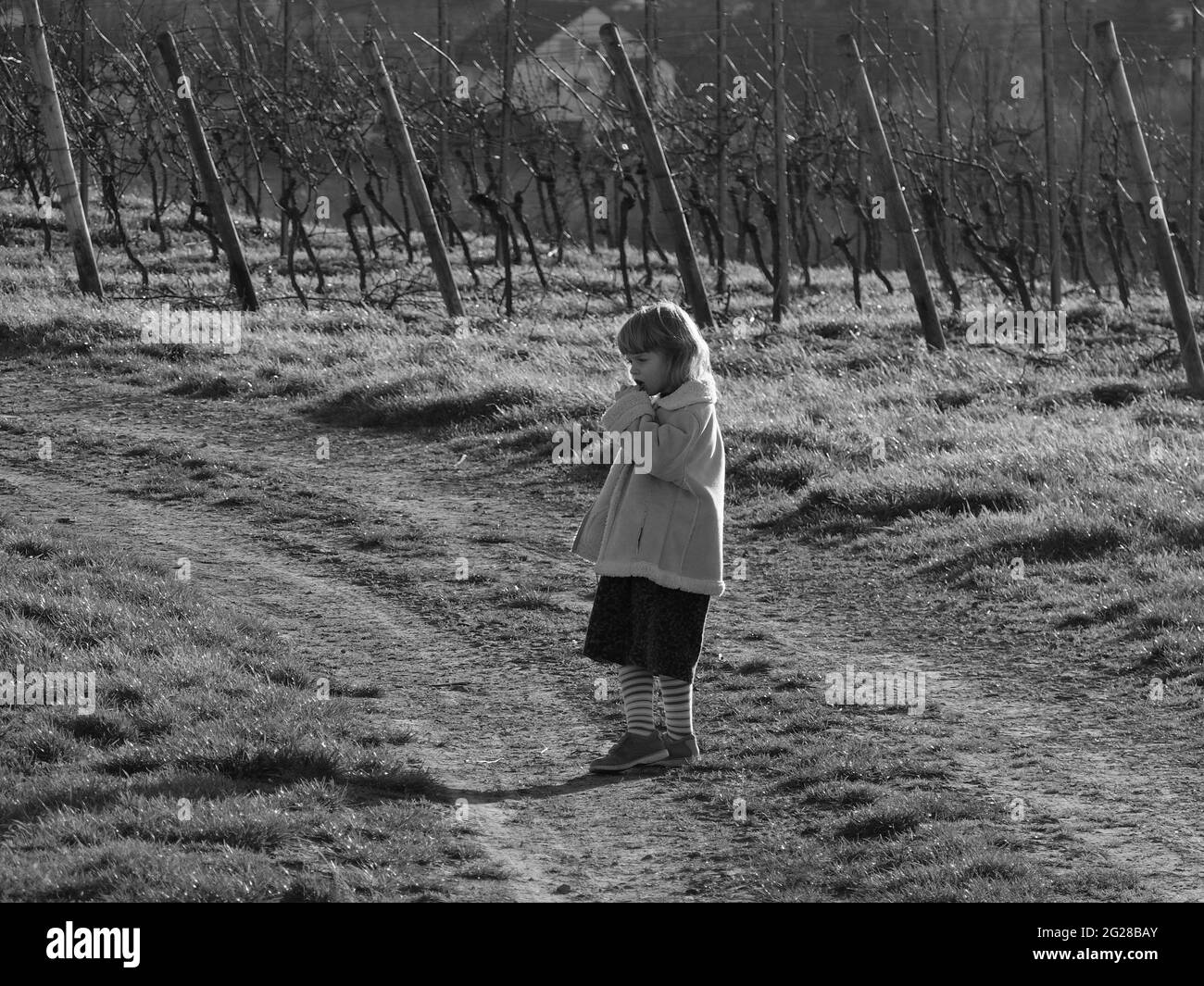 Little Girl In Black And White Stands Abandoned On A Path, Symbolic ...