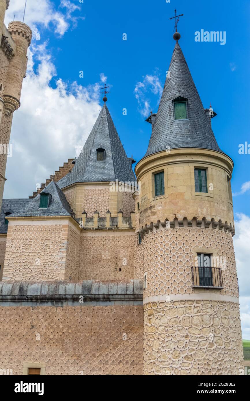 Segovia / Spain - 05 13 2021: Majestic detailed tower and corner view ...