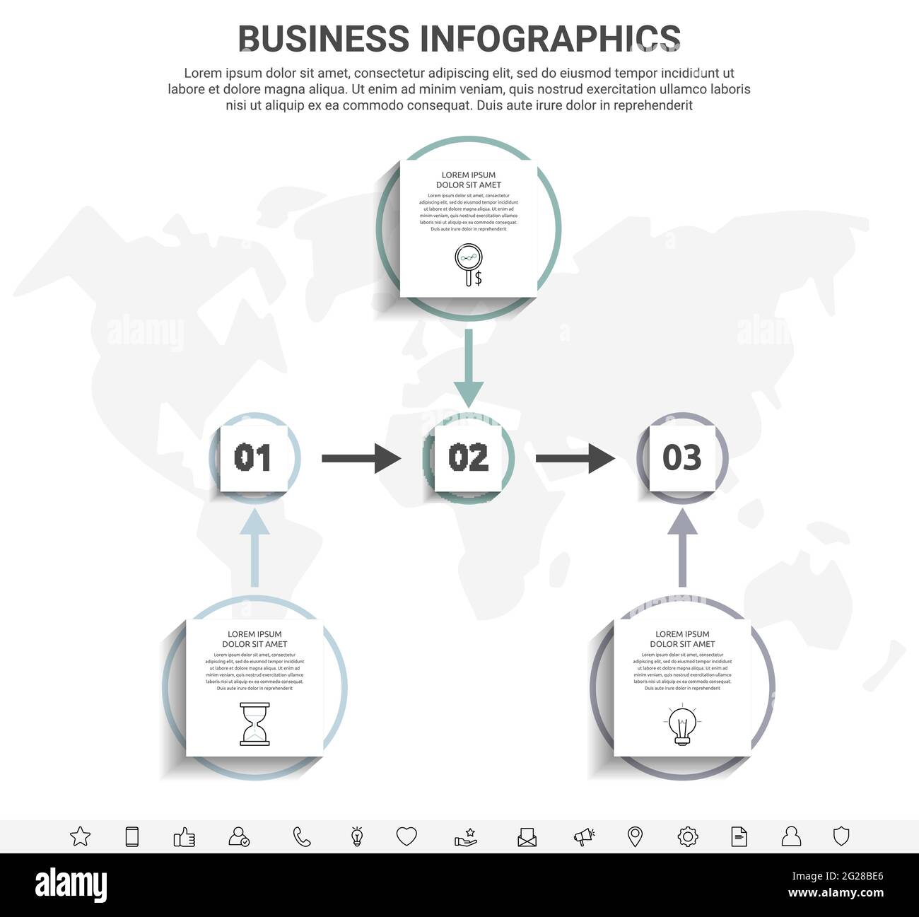 Minimal infographics with three square elements or circles. Modern ...
