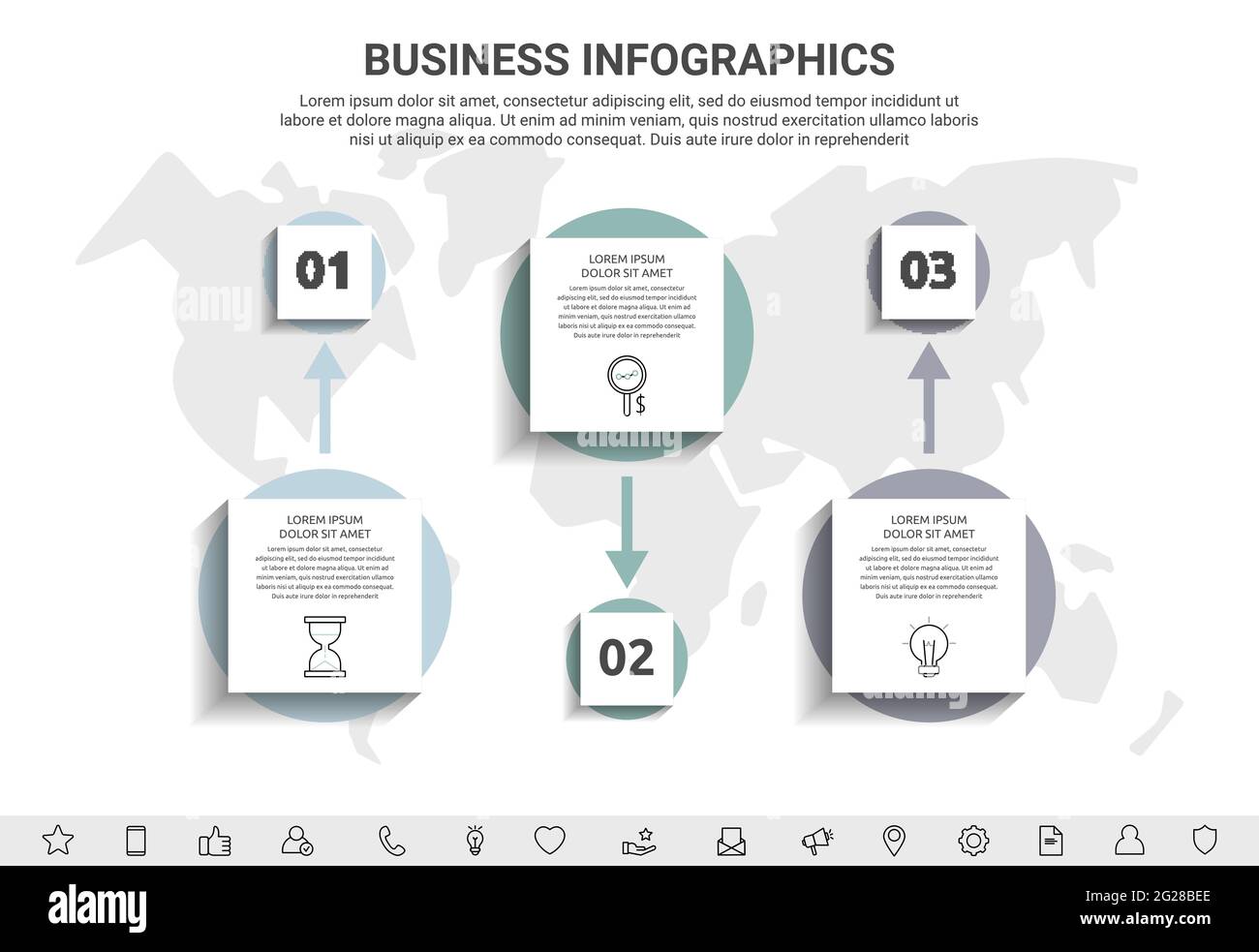 Minimal infographics with three square elements or circles. Modern ...