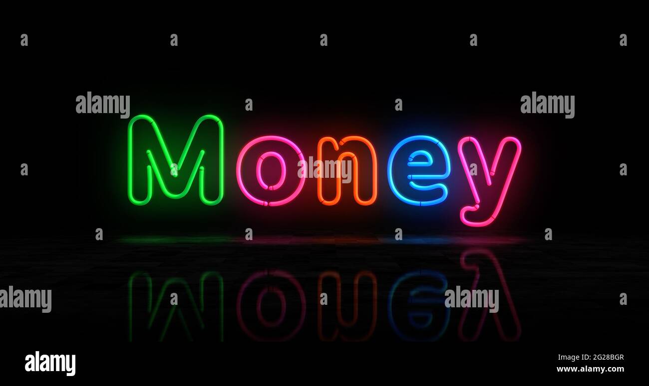 Money neon symbol. Light color bulbs with retro nightlife city business ...