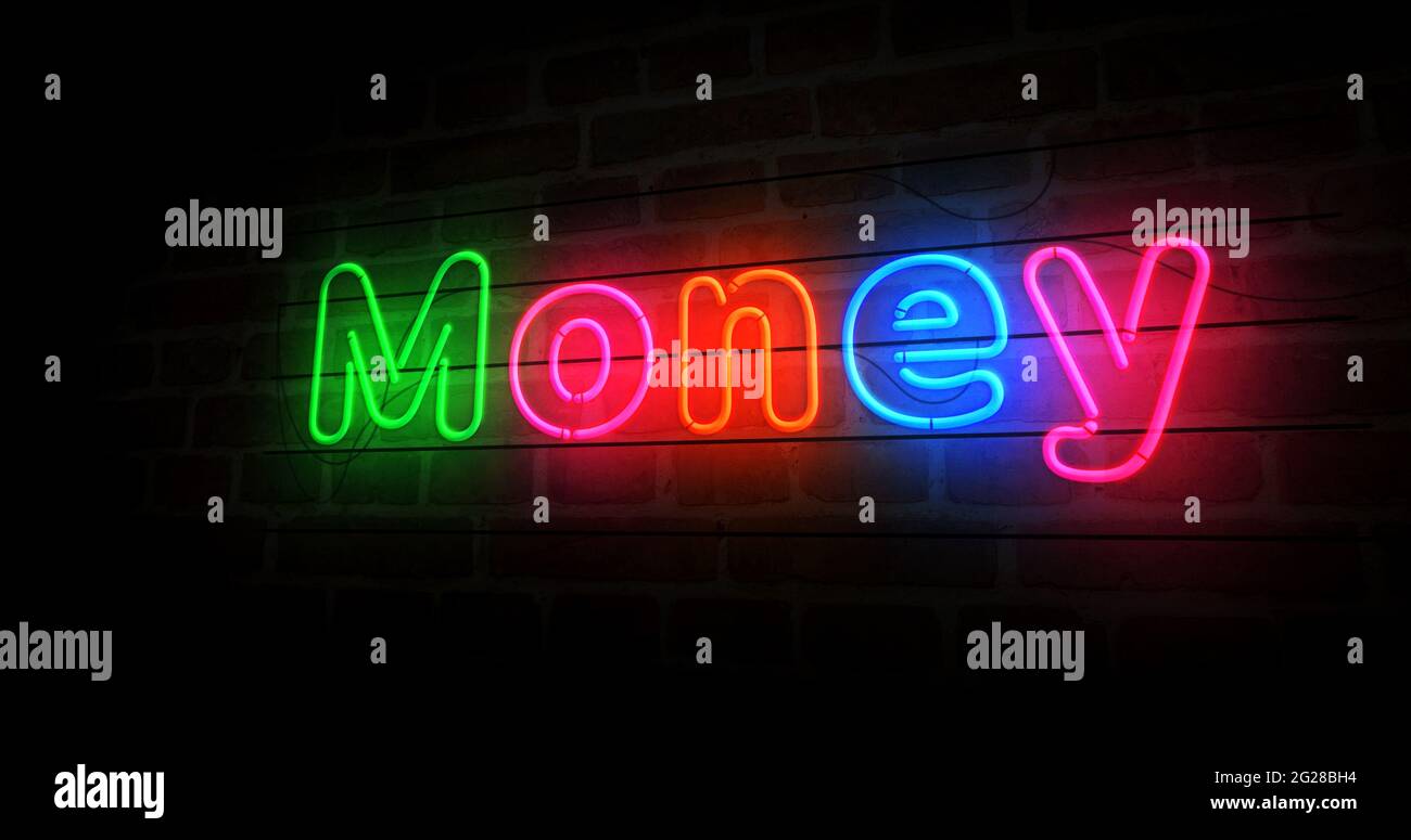 Money neon symbol. Light color bulbs with retro nightlife city business ...