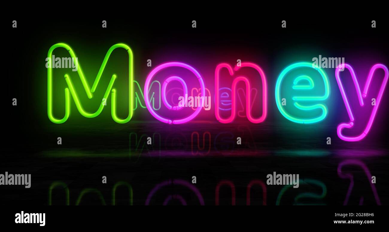 Money neon symbol. Light color bulbs with retro nightlife city business ...