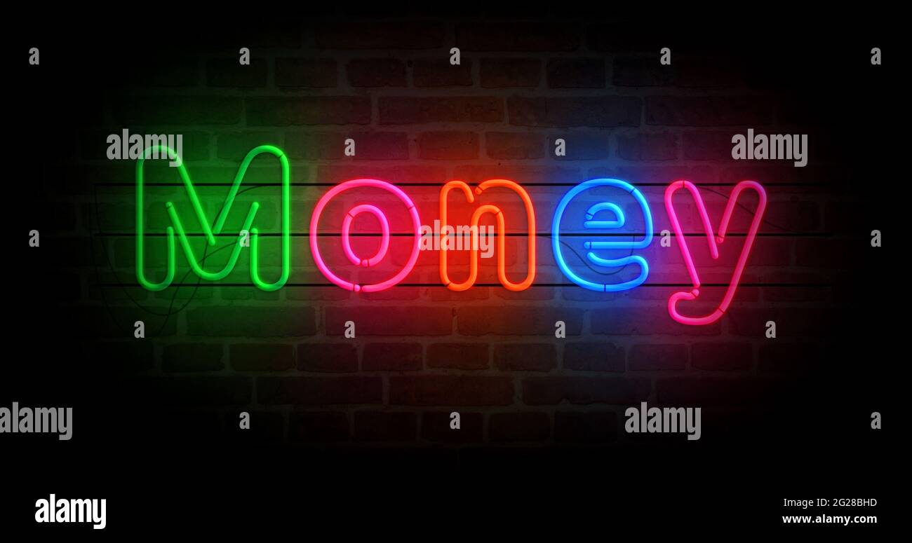 Money neon symbol. Light color bulbs with retro nightlife city business ...