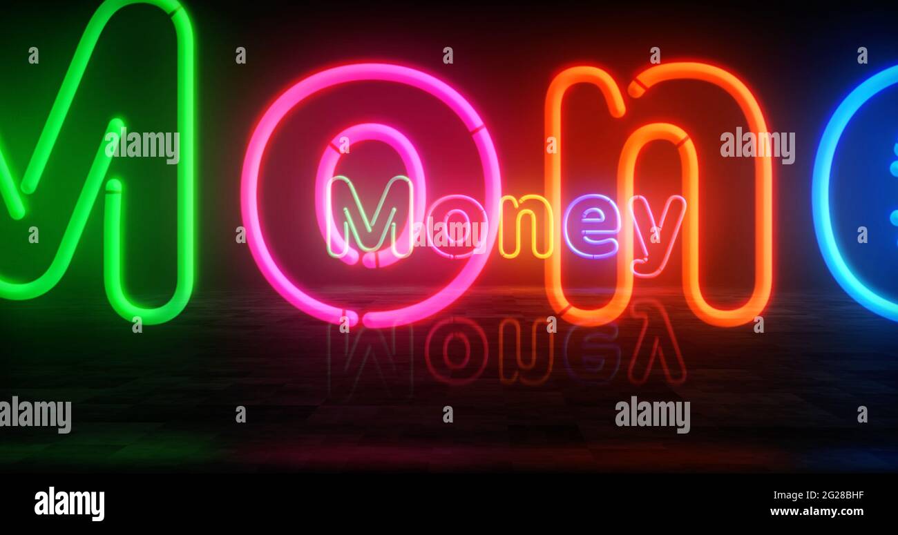 Money neon symbol. Light color bulbs with retro nightlife city business ...