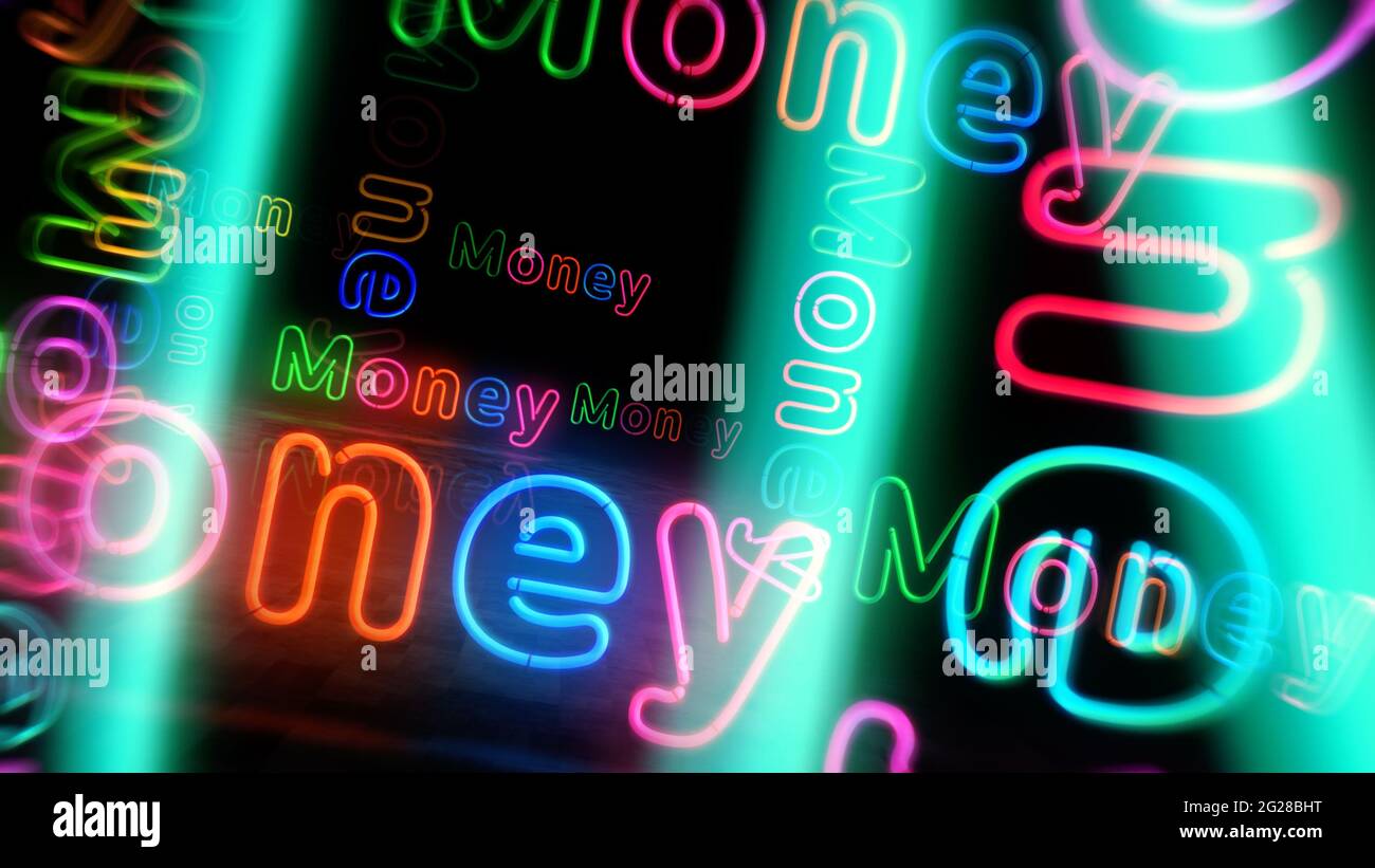 Money neon symbol. Light color bulbs with retro nightlife city business ...