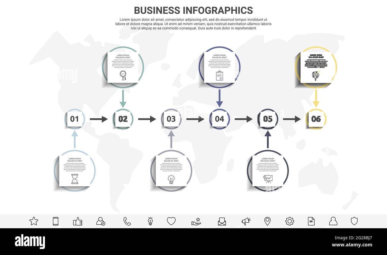 Minimal infographics with six square elements or circles. Modern ...