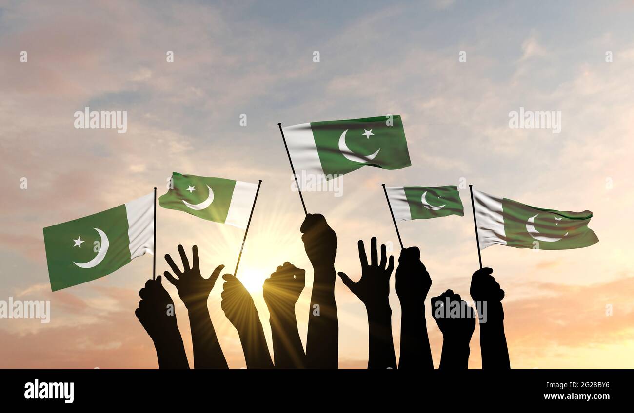 Silhouette of arms raised waving a Pakistan flag with pride. 3D ...