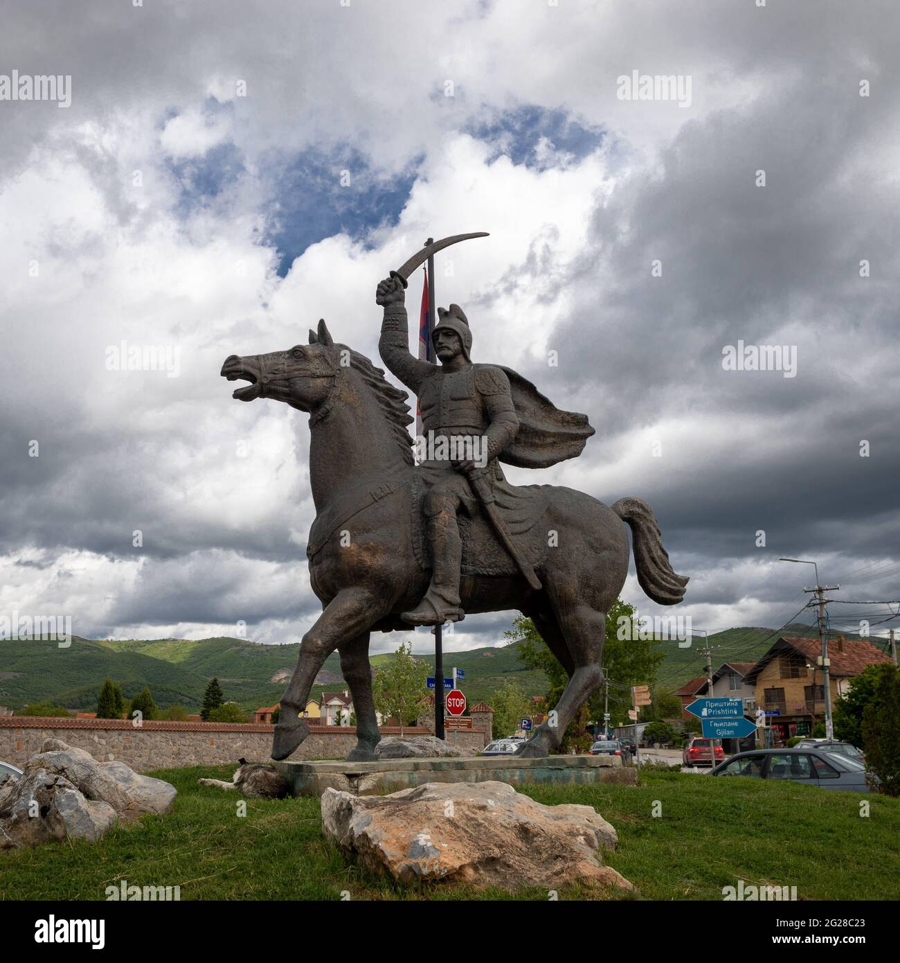 Miloš Obilić legendary Serbian knight XIV, statue on horse in Gracanica ...