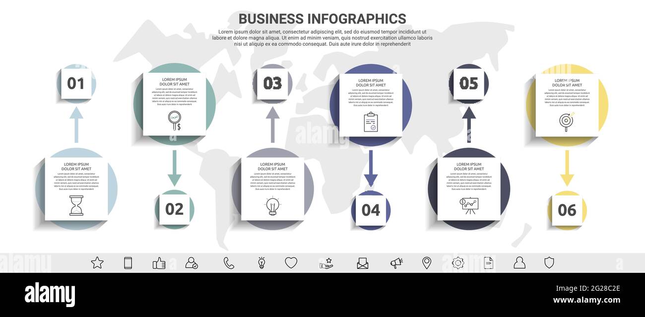 Minimal infographics with six square elements or circles. Modern ...