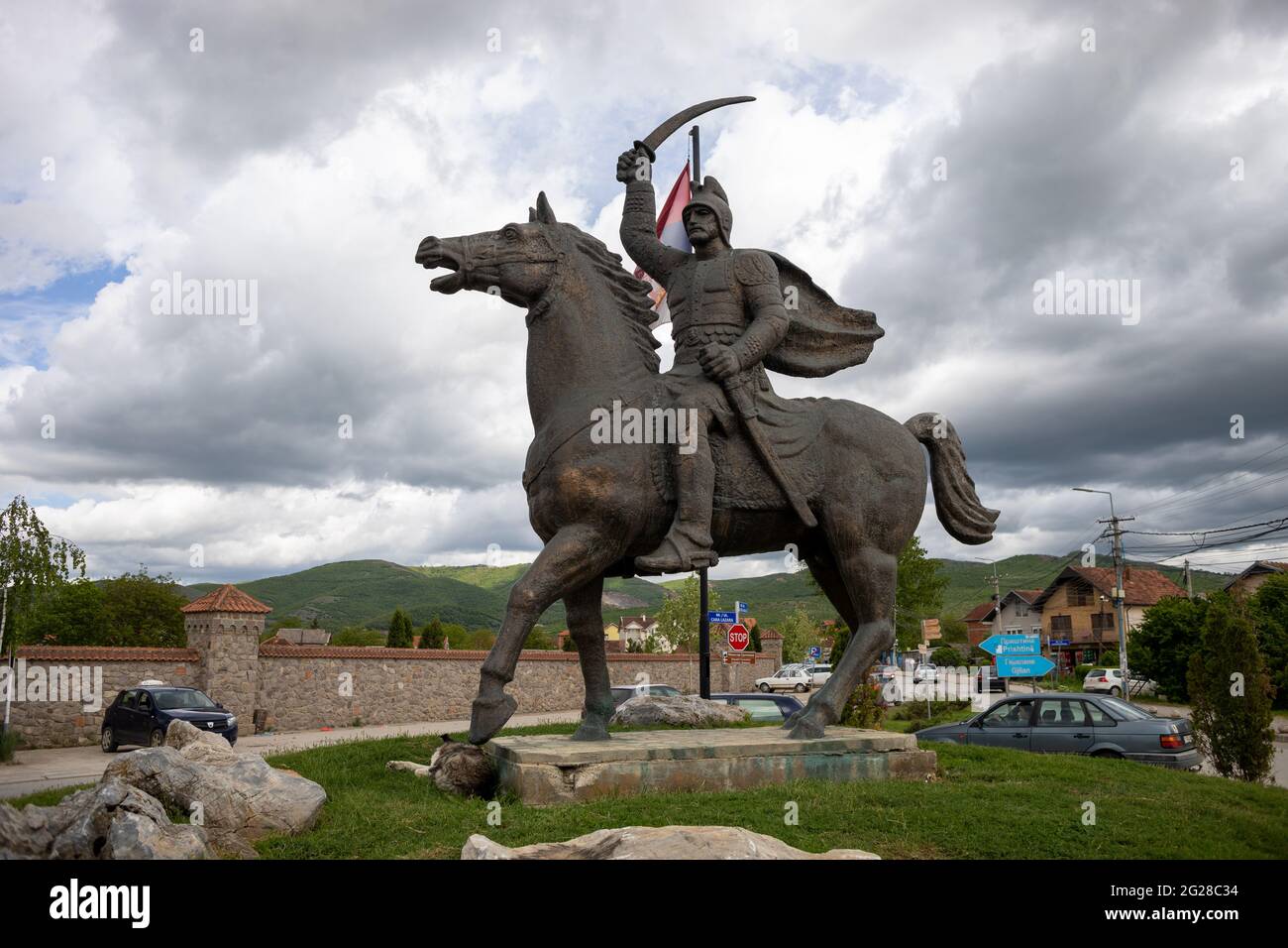 Miloš Obilić legendary Serbian knight XIV, statue on horse in Gracanica ...