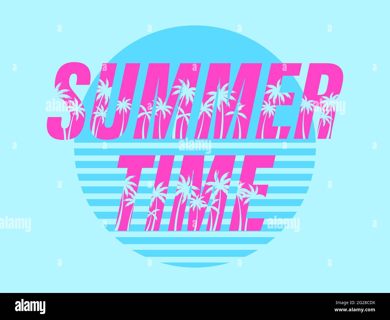 Summer time. Text with palm trees on a sunset. 80s retro design for ...