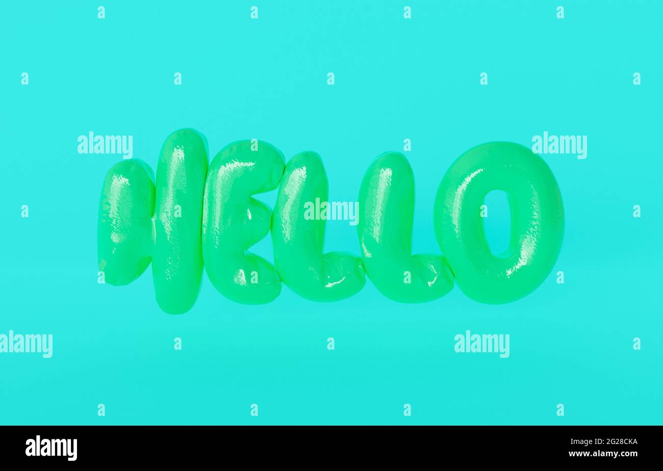 HELLO word with pastel green balloons on blue background. 3d render ...