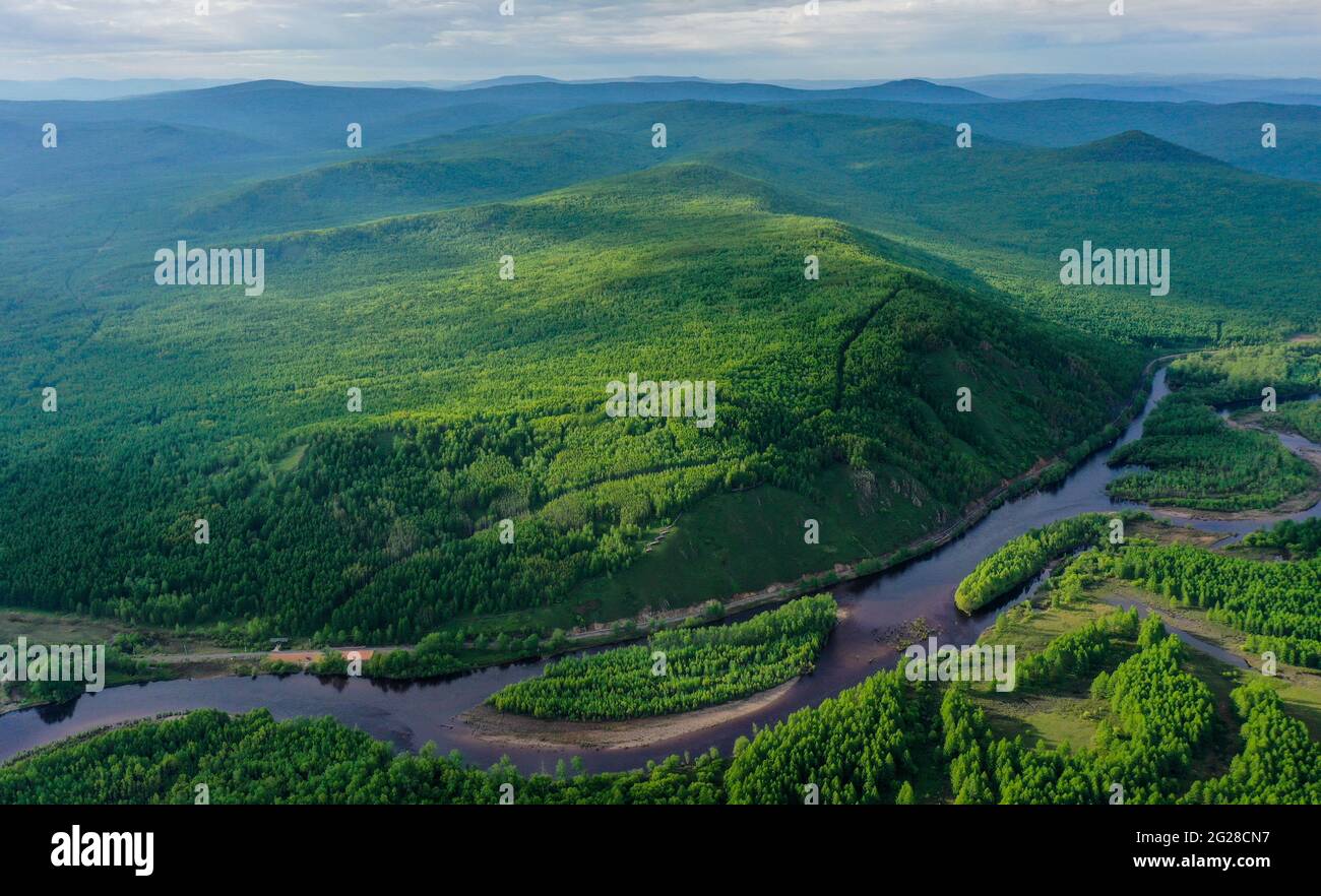 Genhe. 8th June, 2021. Aerial photo taken on June 8, 2021 shows the ...