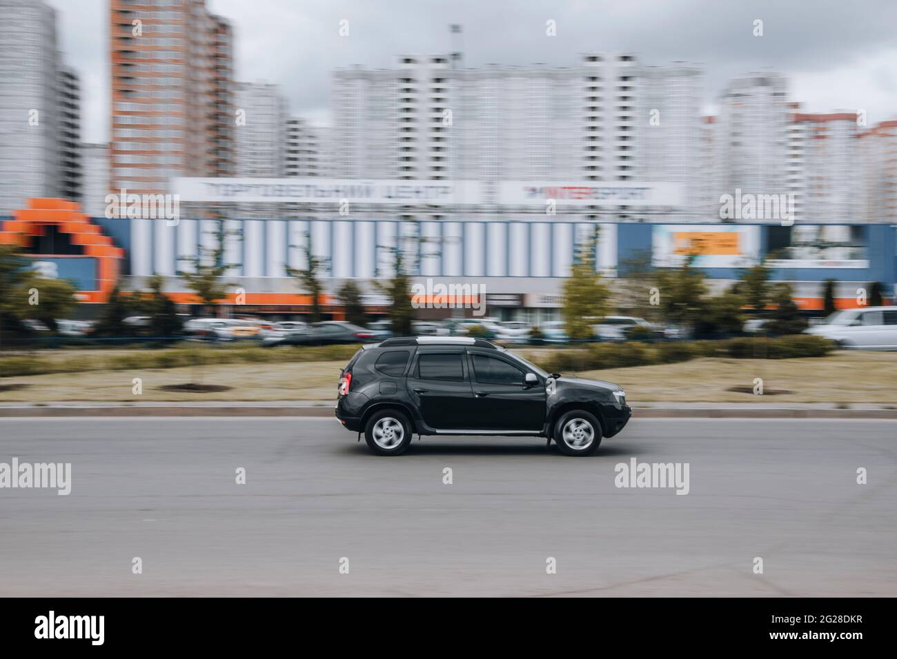 Ukraine, Kyiv - 13 May 2021: Black Renault Duster car moving on the ...
