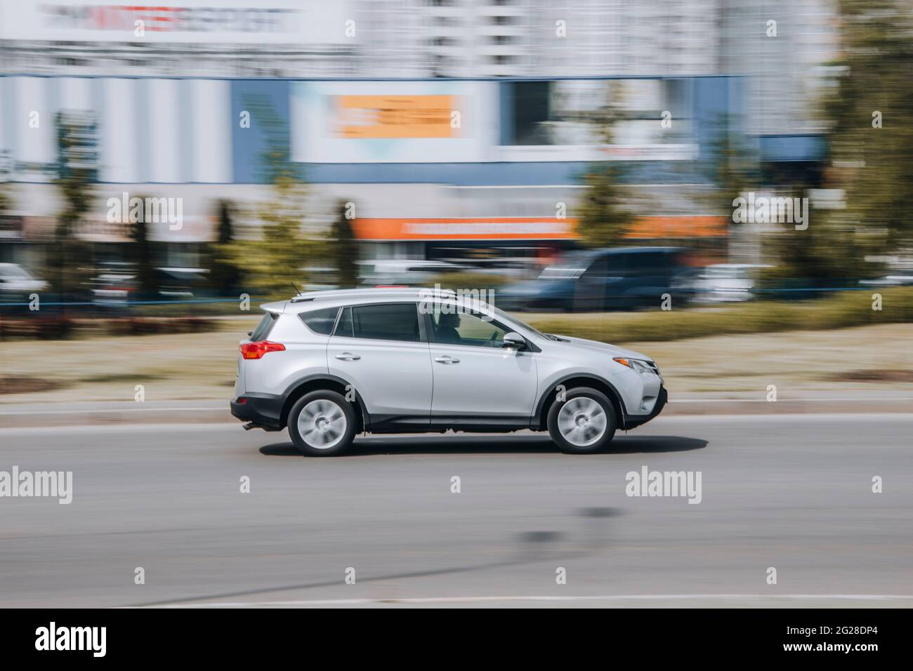 Ukraine, Kyiv - 13 May 2021: White Toyota RAV 4 car moving on the ...