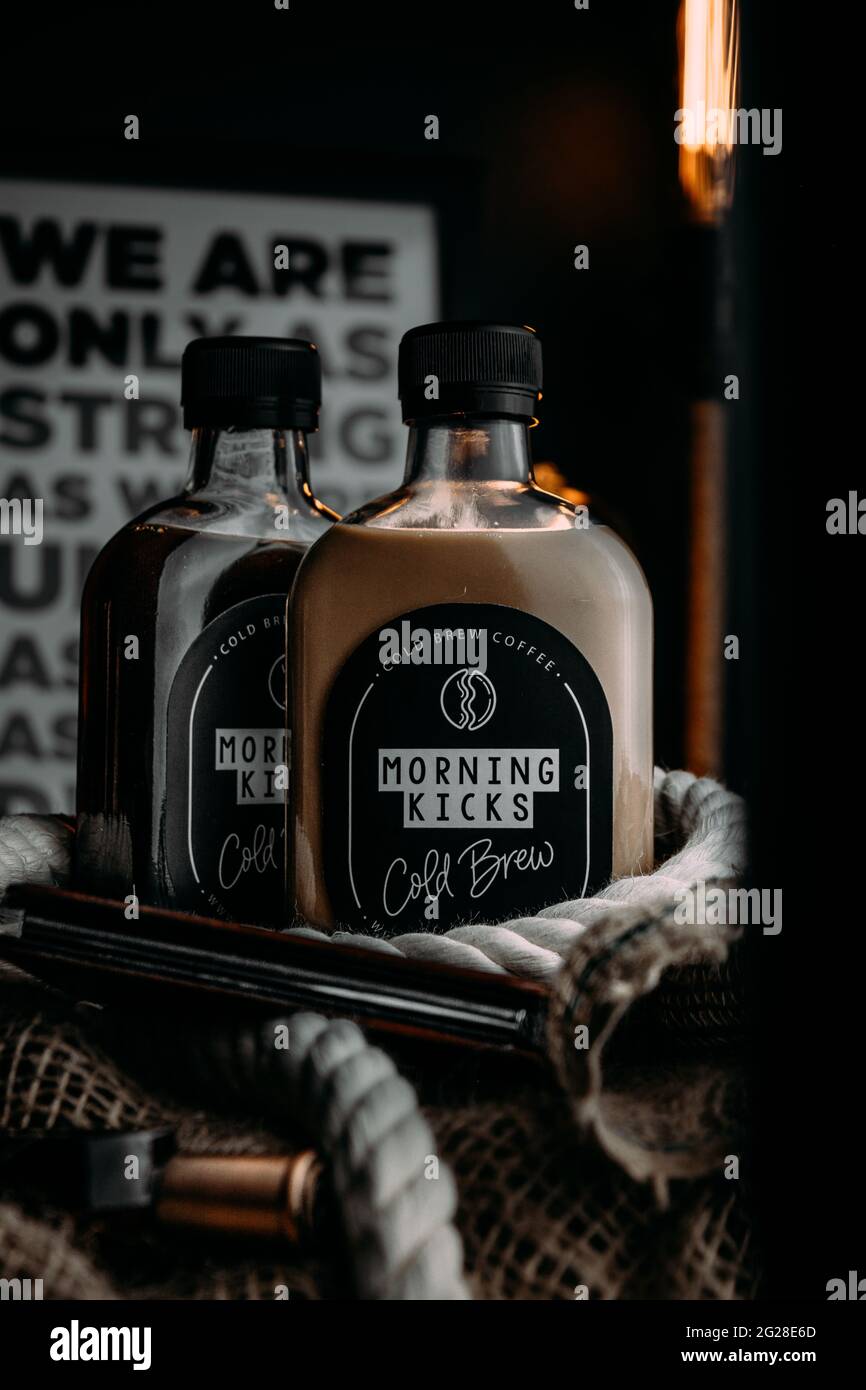 Cold Brew Coffee bottles in rusty shot make them pop Stock Photo - Alamy