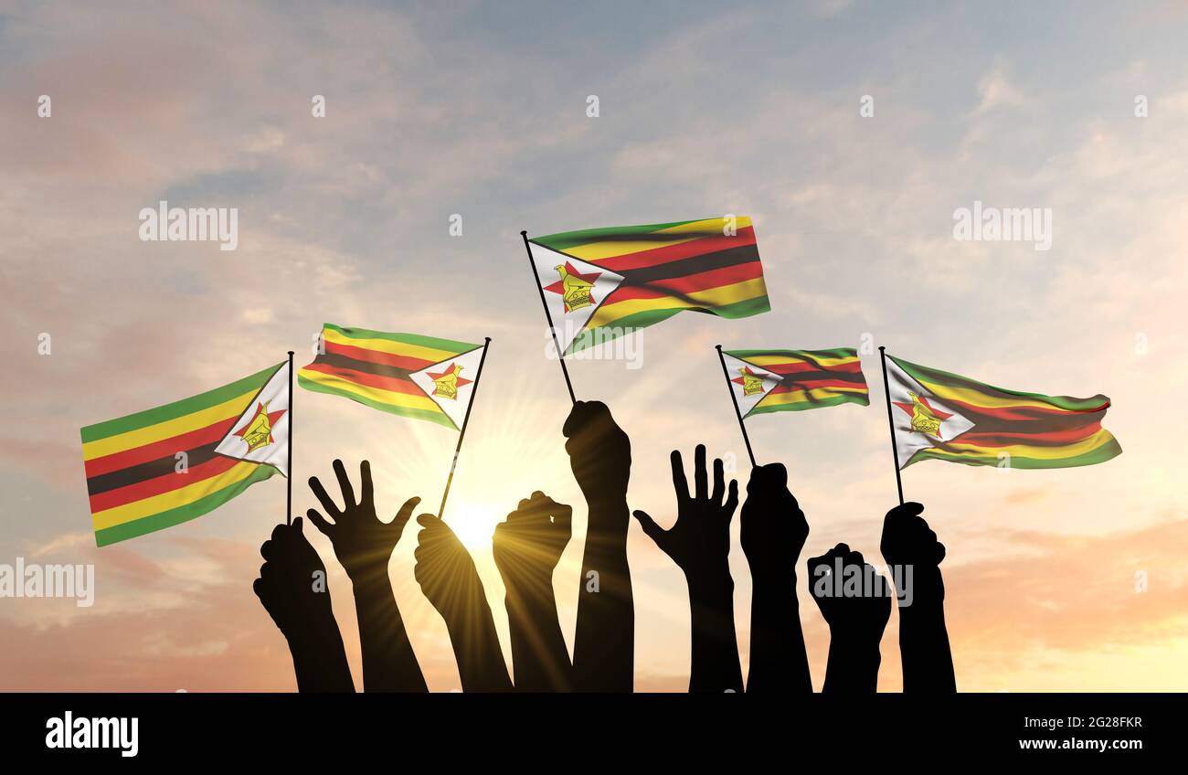 Silhouette of arms raised waving a Zimbabwe flag with pride. 3D ...