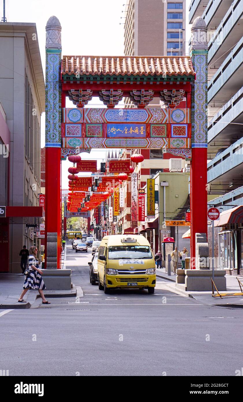 Bright red oriental style gates show the entrance to Chinatown in ...