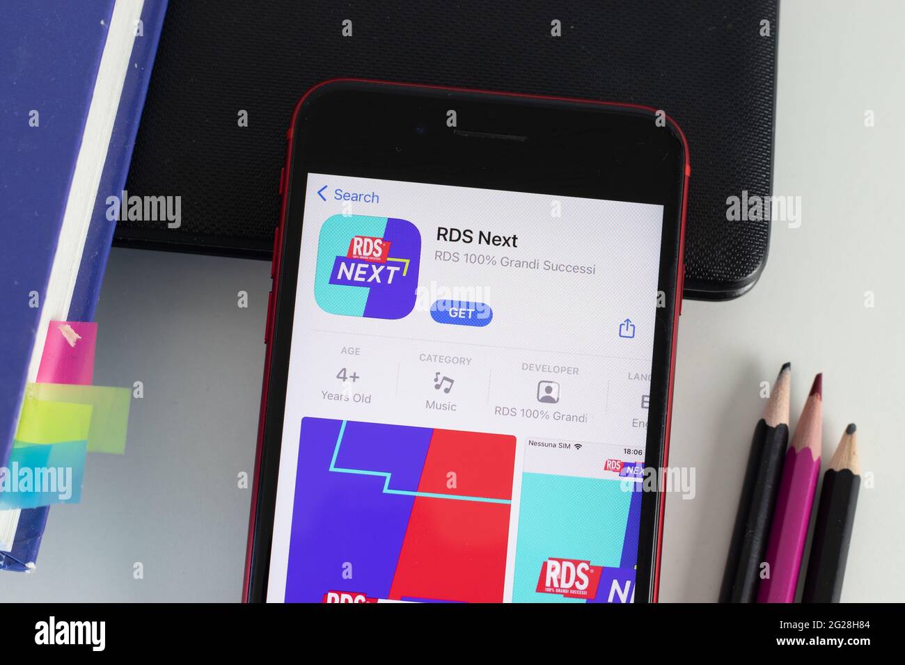 New York, USA - 1 June 2021: RDS Next mobile app logo on phone screen ...