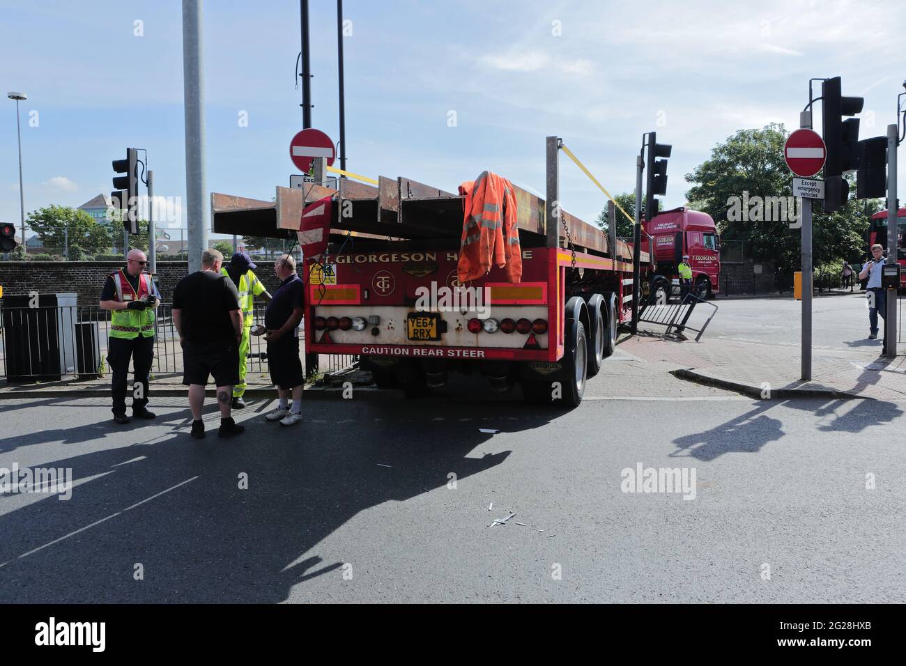 London (UK), 8 June 2021: A 75 ton lorry breaks down causing ...